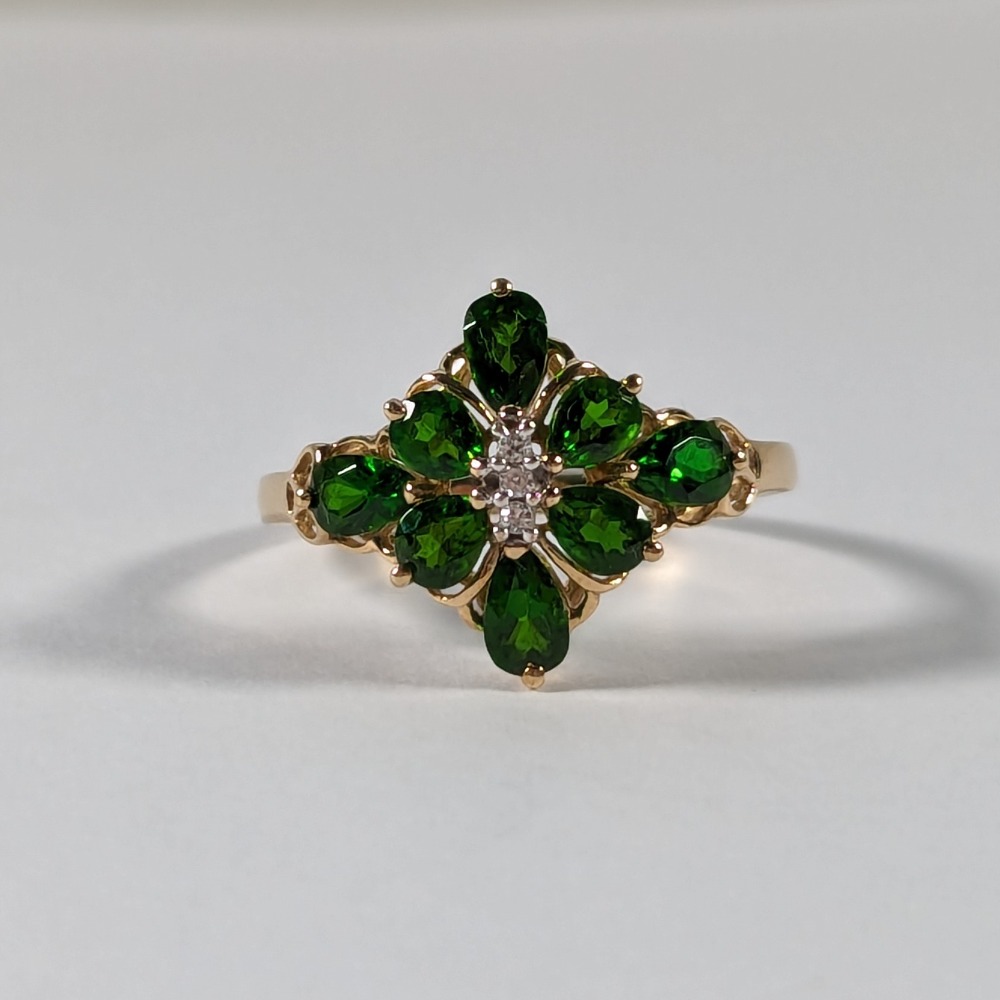 9ct Gold Natural Bottle Green Stone & Small Diamond Flower Ring by QVC ...